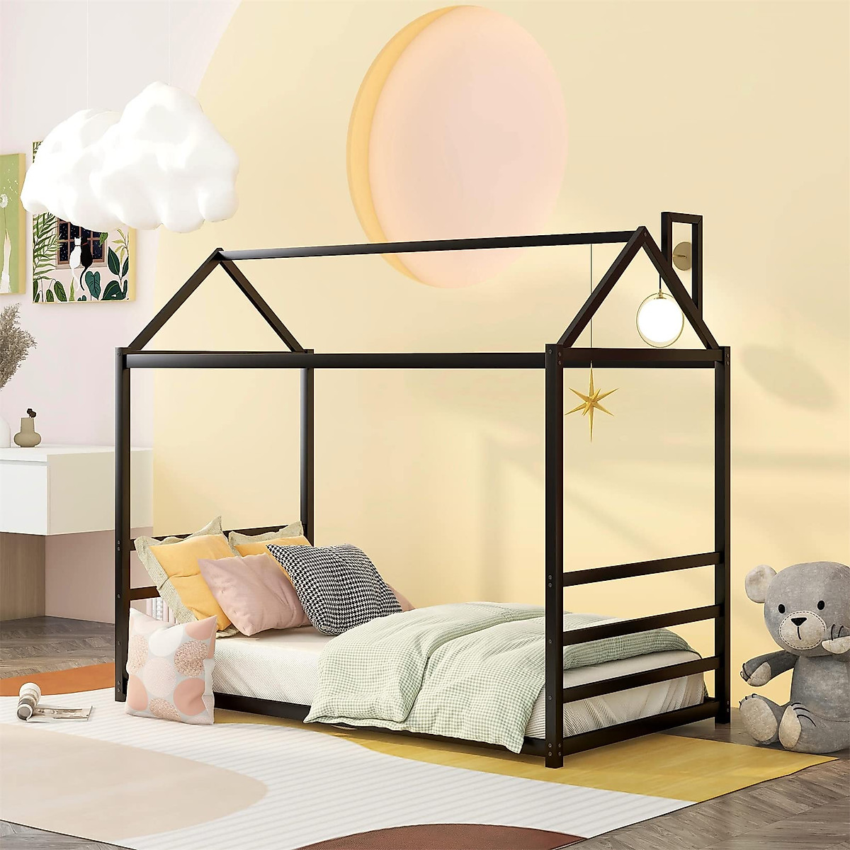 Bellemave Toddlers House Beds Metal Floor Bed Frame Twin Size Montessori Bed for Kids Boys Girls Teens, Black