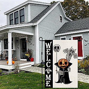 Halloween Welcome Garden Flag Burlap Double Sided Vertical 12×18 Inch Spooky White Ghost Jack Lantern Pumpkin Yard Decor DF108