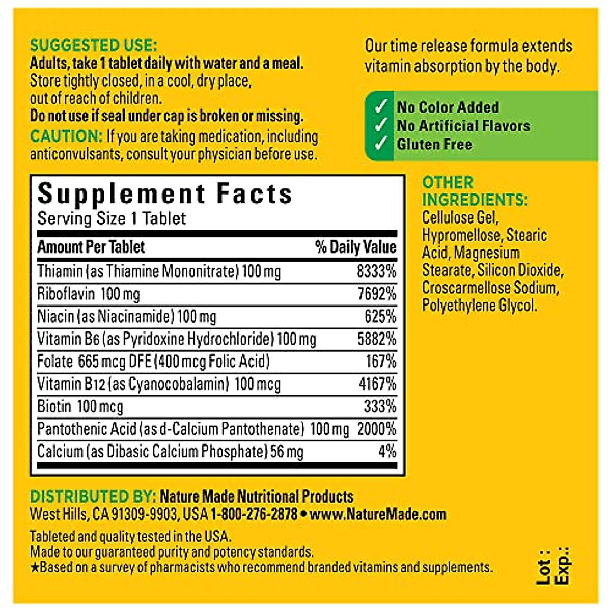 Nature Made Time Release Vitamin B-100 High Potency B Complex, Dietary Supplement for Nervous System Function Support, 60 Time Release Tablets, 60 Day Supply