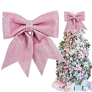 TONIFUL 12x14 Inch Glitter Bow Pink Shiny Christams Bow for Home Party Wedding Indoor Decoration， Gift Wrapping Accessories, Christams Whreath Bow DIY Handcraft Bow