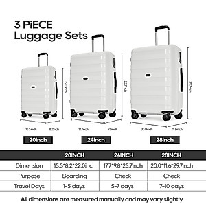 GinzaTravel 3-piece set white color luggage with scratch-resistant PP material, expandable(（all 20 24 28), Super light, thickened, large-capacity double seal suitcase
