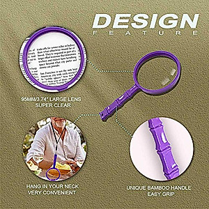 LELE LIFE 10X 95mm Large Magnifying Glass for Seniors and Kids, Unique Bamboo Handheld Reading Magnifier, Hand Held Reading Magnifying Glass for Reading and Hobby Observation, Purple