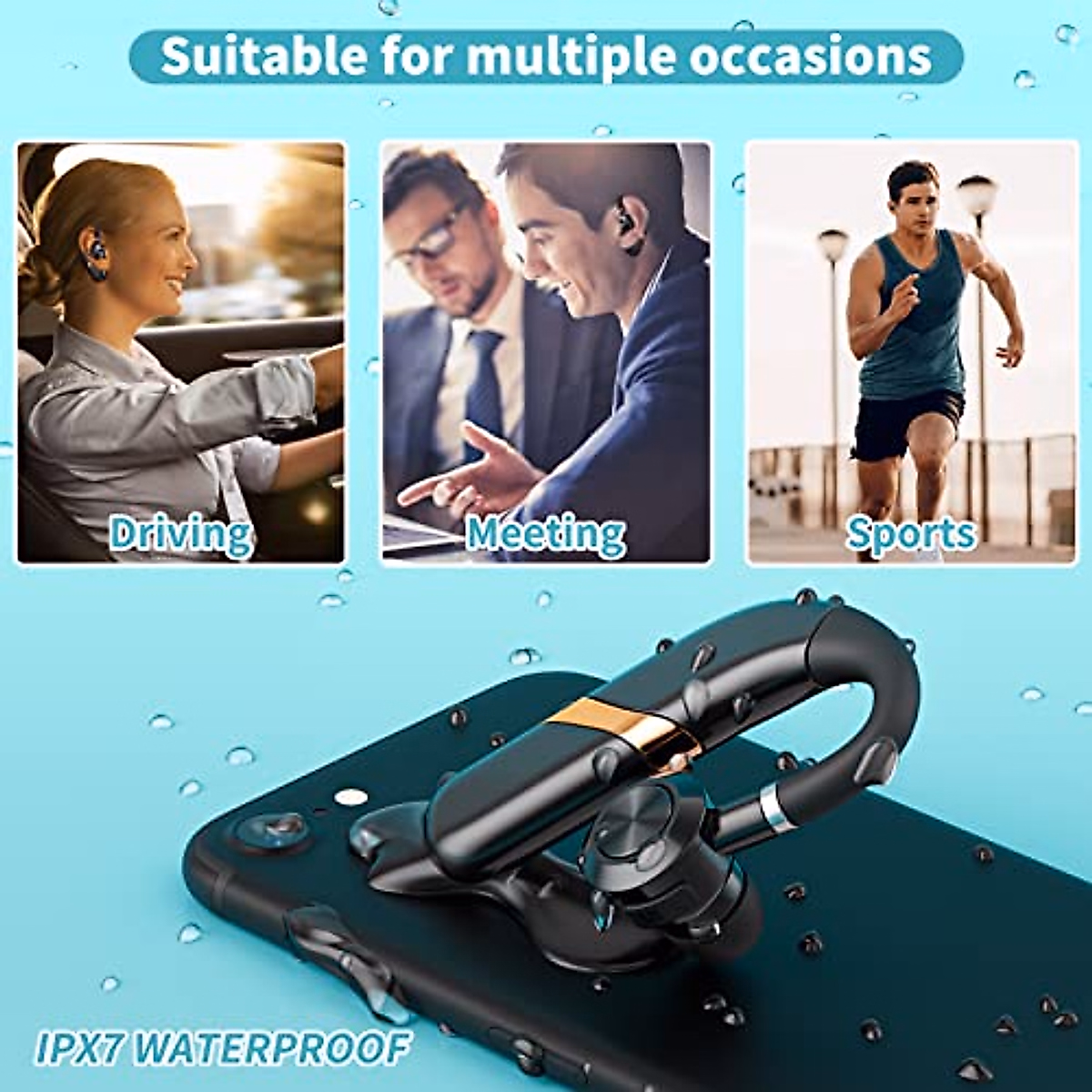 WESADN Bluetooth Headset Wireless Earbuds Cell Phones Earpiece Bluetooth Headphones in Ear with Microphone 48H Talk Time IPX7 Waterproof Earphones for Trucker Driving Business Running Office