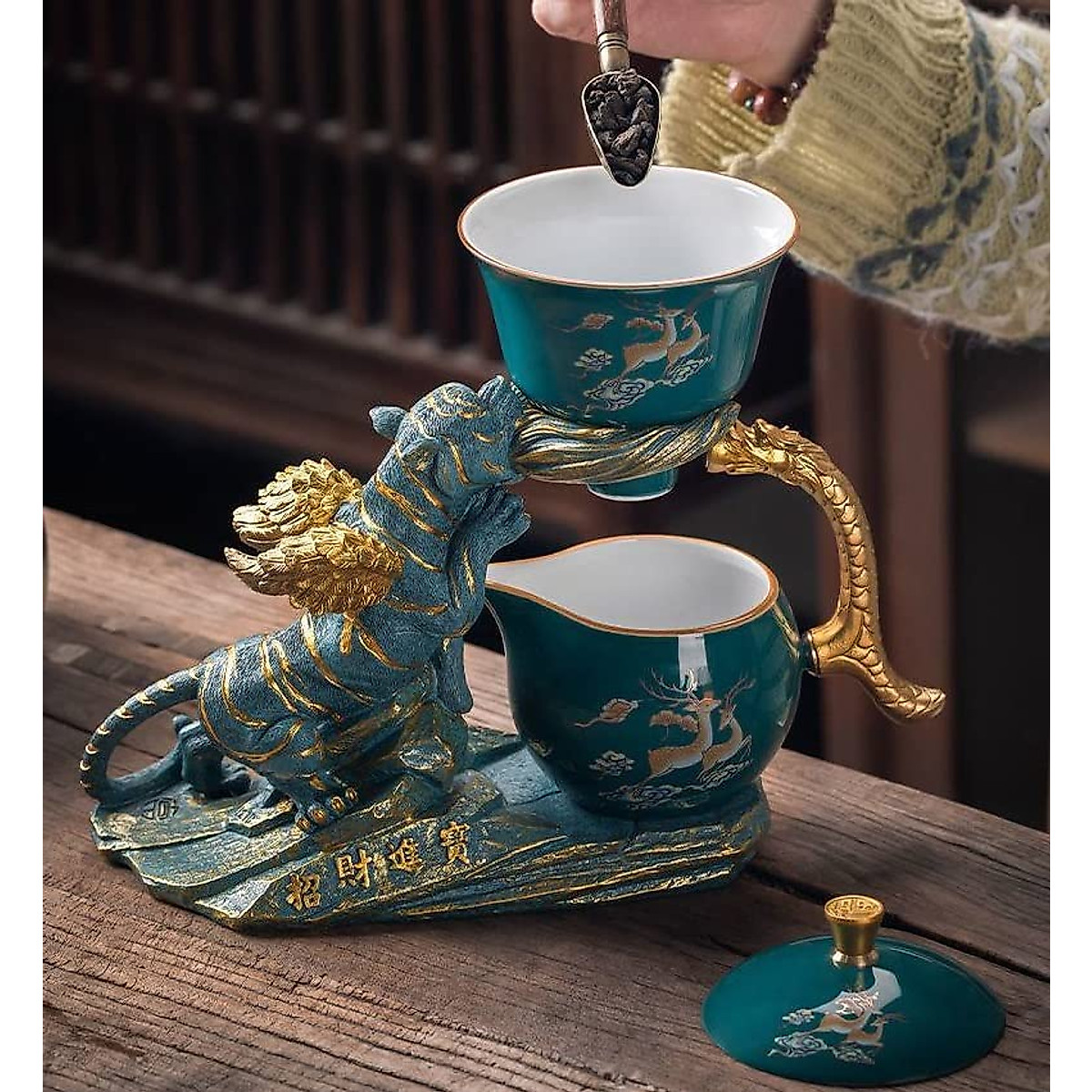 RORA Lazy Kungfu Ceramic Tea Set Semi Automatic Drip Rotating with Infuser Ceramic Teapot Set (Tiger Tea Set+6 cups)