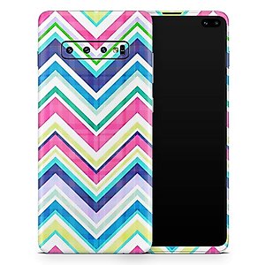 DesignSkinz Vibrant Pink & Blue Layered Chevron Pattern Protective Vinyl Decal Wrap Skin Cover Compatible with The Samsung Galaxy S20 (Screen Trim & Back Glass Skin)