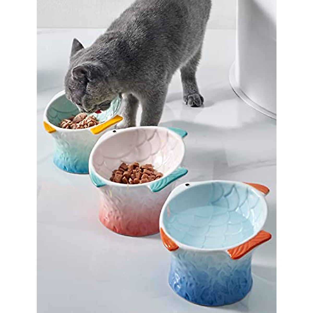 Raised Tilted Ceramic Cat Bowl - Cute Elevated Slanted Shallow Angled Cat Dish - Personalized Pet Feeder for Food Feeding - Ergonomic Anti Vomiting Whisker Fatigue - Size for Cat and Small Dog