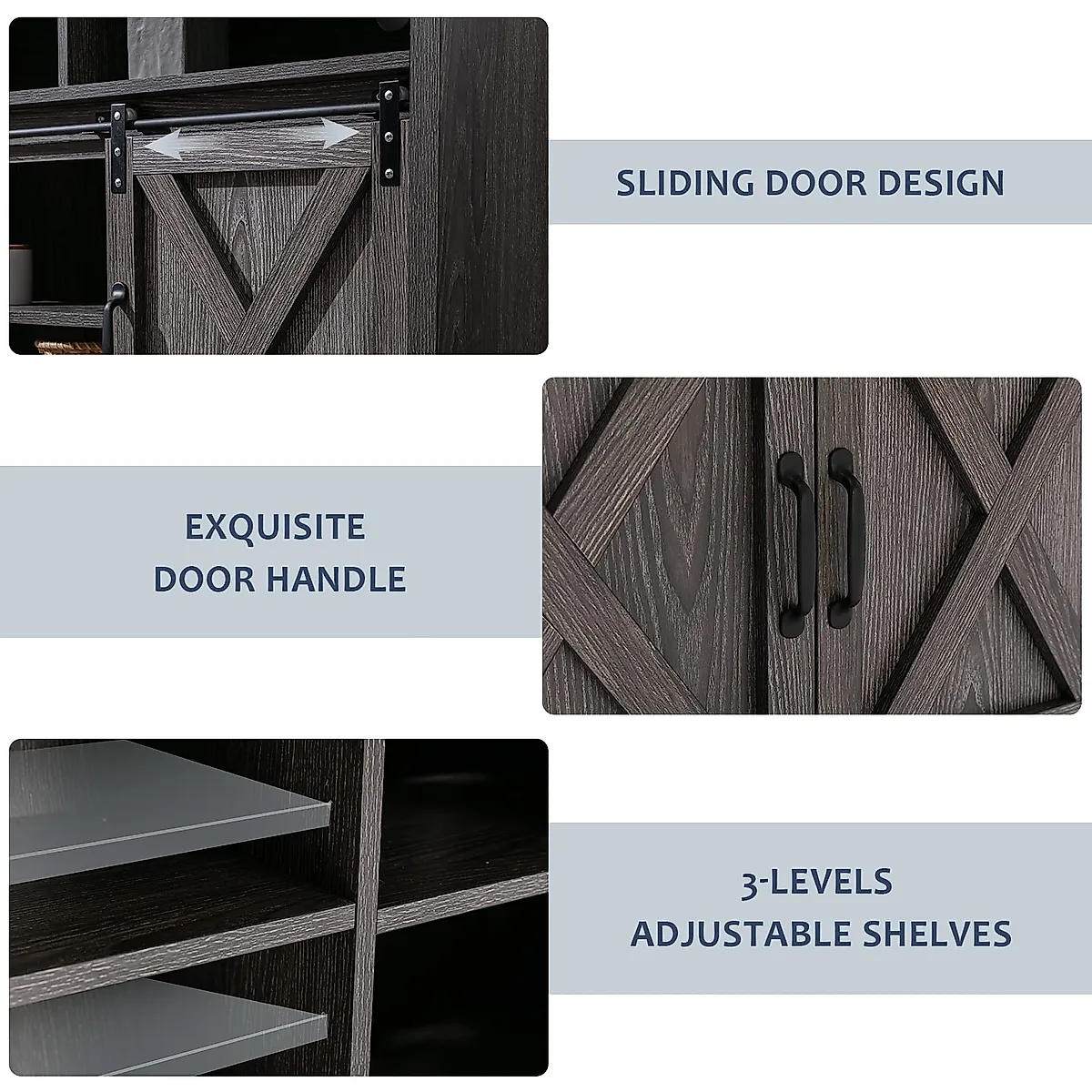 fancyqube Farmhouse Coffee Bar Cabinet, Rustic Sliding Barn Door Storage Cabinet with Power Outlet, Buffet Server Sideboard Cupboard Table for Dining Room Entryway Kitchen (Wash Grey)