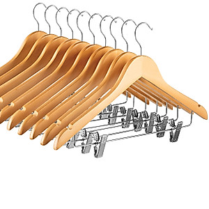 ZOBER High-Grade Wooden Suit Hangers (10 Pack) with Durable Adjustable Metal Clips, 360° Swivel Hook, Shoulder Notches for Dress Coat, Blouse, Jacket