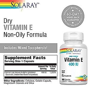 SOLARAY Vitamin E, Dry 400 IU w/ Mixed Tocopherols | Non-Oily | Healthy Cardiac Function, Antioxidant Activity & Skin Health Support | 100 Capsules