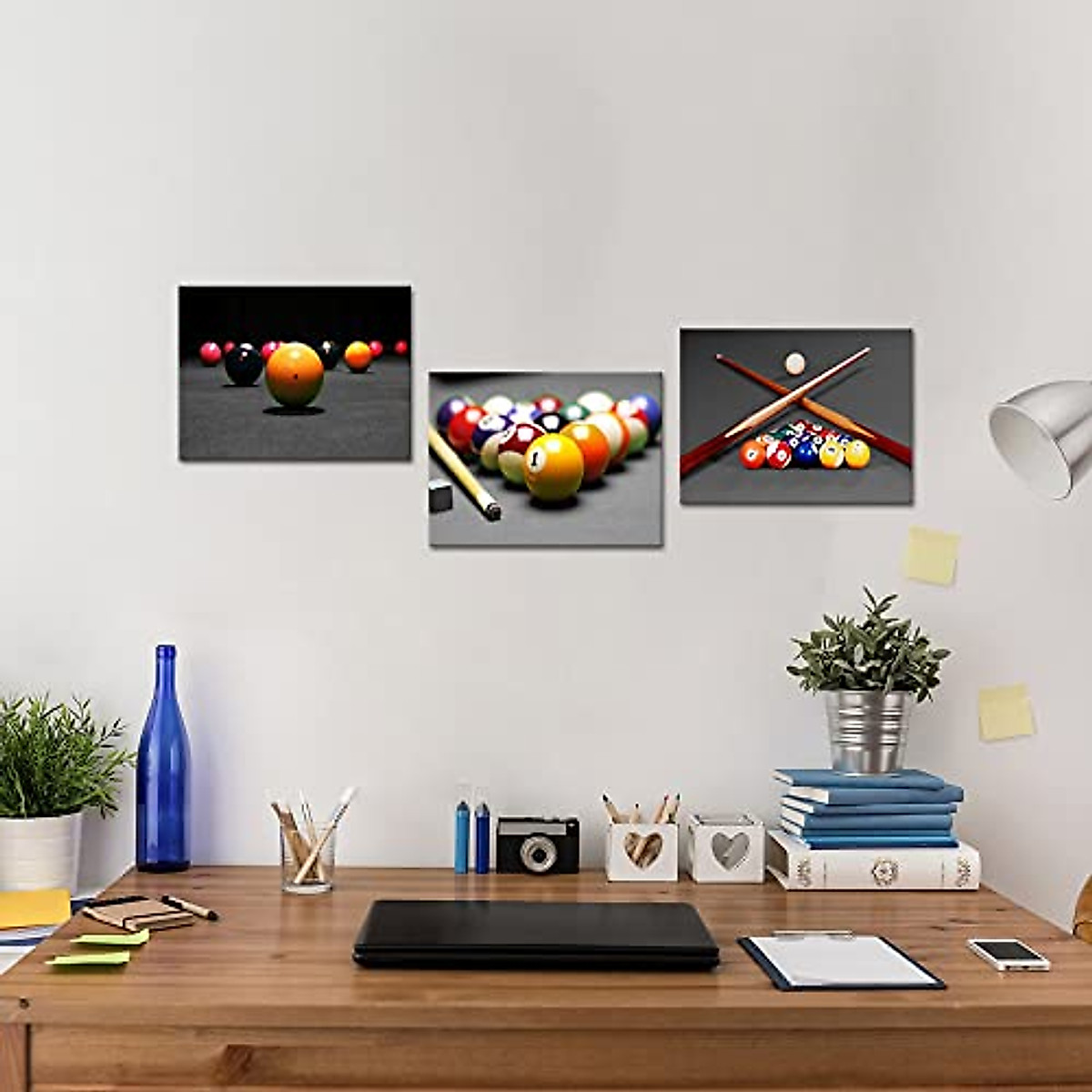 Conipit Billiards Canvas Wall Art Pool Table Pictures Leisure Sport Painting Snooker Photo Painting for Game Room Club Bar Wall Decor Stretched and Framed Prints Ready to Hang 12"x16" x 3Pcs