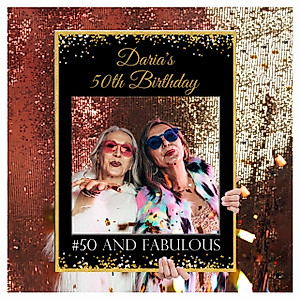Fifty & Fabulous Photo Booth Frame, 50th Birthday Decorations, Personalized Black and Gold Glitter Selfie Frame, Custom Photo Booth Props, 20th, 30th, 40th Birthday, Party Supplies Sizes 36x24, 48x32