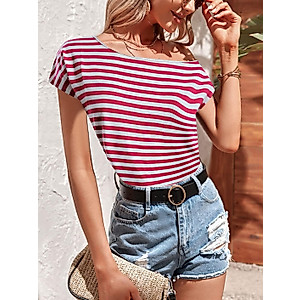 LilyCoco Women's Off The Shoulder Tops Short Sleeve One Shoulder Striped Shirt Red White Striped Small