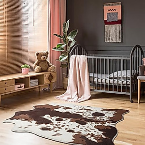 FALARK INC Premium Faux Cowhide Rug, 4.6ft x 5.2ft Cow Print Rugs for Living Room Bedroom, Cute Animal Print Carpet Western Home Decor Rug, Upgraded Non-Slip Soft Cow Skin Rugs, Brown and White