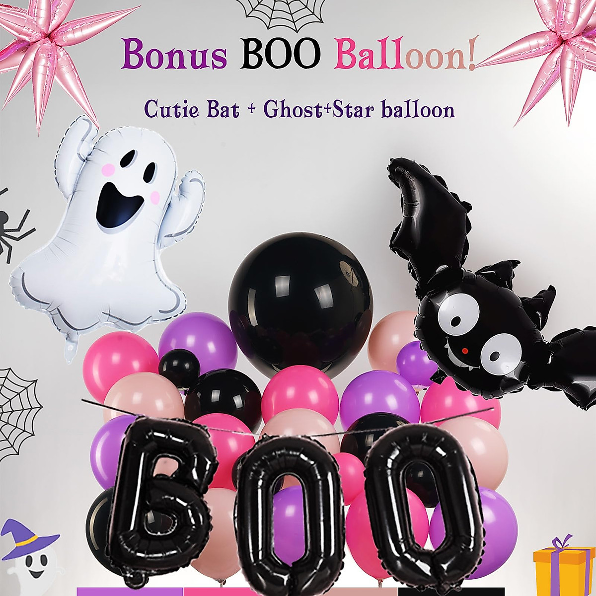 Pink Purple black Halloween balloon garland arch kit 130+pcs with BOO ghost bat DIY Spider mylar balloon for Halloween theme spooky one birthday Party & fall girl baby shower party decorations
