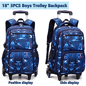 Egchescebo 18" School Kids Rolling Backpack for Boys With Wheels Trolley Wheeled Backpacks for Boys Students Travel Bags Adults Backpack With Lunch Box Pencil Bag 3PCS Blue