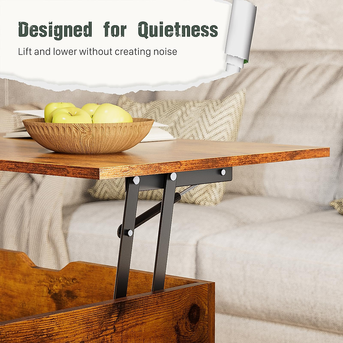 NEWBULIG Coffee Storage Table with Lift Top Panel and Hidden Compartment Wooden Rising Tabletop Snack Organize Shelf for Dinning Center Drawing Room, Brown