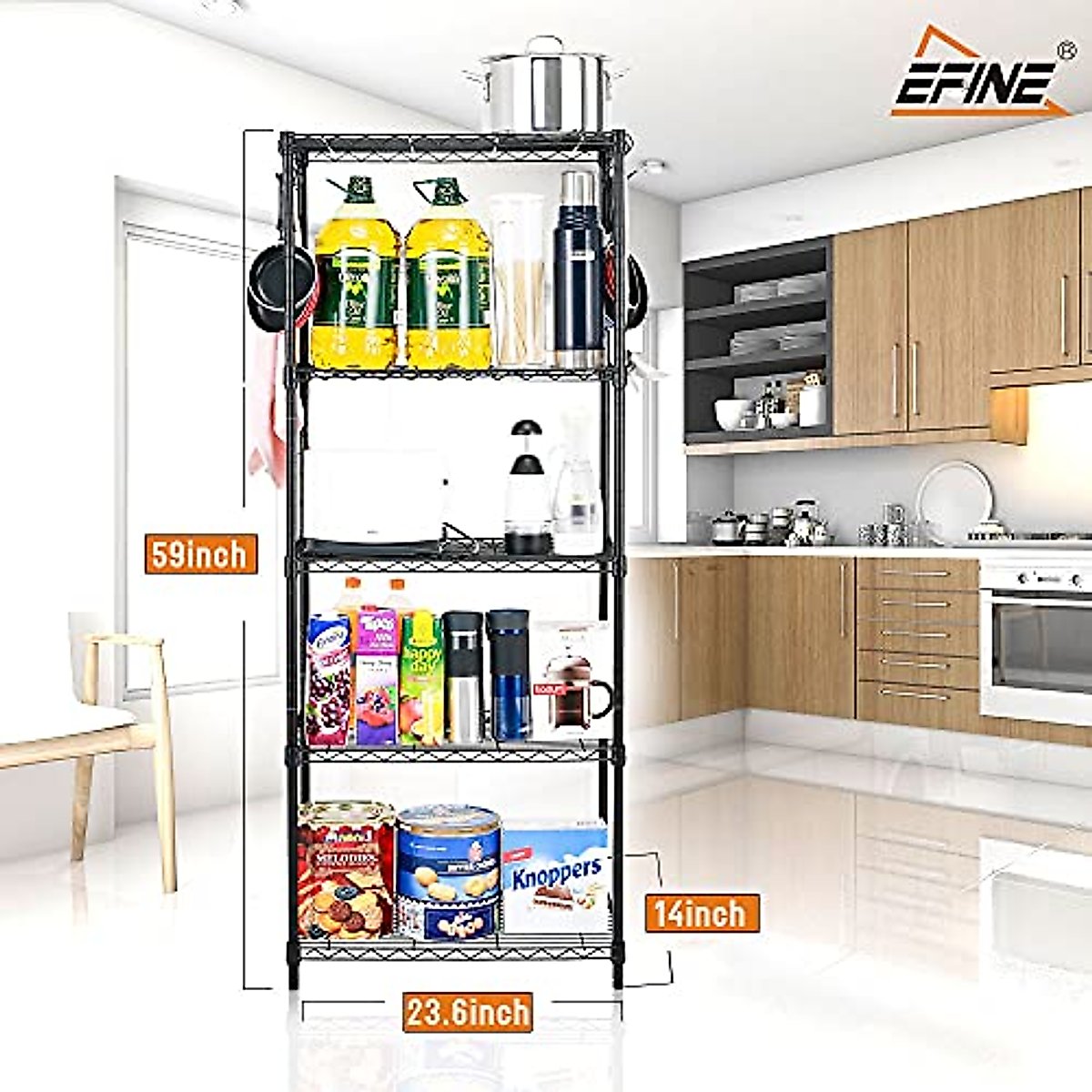 EFINE 2-Pack 5-Shelf Shelving Unit Rack with 8-Hook and 5-Shelf Liners, NSF Certified, Adjustable, 150lbs Loading Capacity Per Shelf, Shelving Rack for Kitchen and Garage (23.6W x 14D x 59H)