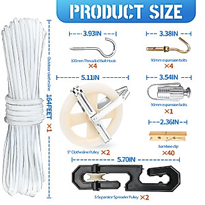 Clothes Line Outdoors, Clothes Line Pulley Kit Include 164ft Polyester Clothes Line Ropes, Clothesline Pulley, Clothesline S-Separators, Clothesline Tightener and Clothespins