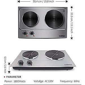CUSIMAX 1800W Double Hot Plate, Stainless Steel Silver Countertop Burner Portable Electric Double Burners Electric Cast Iron Hot Plates Cooktop, Easy to Clean, Upgraded Version C180N