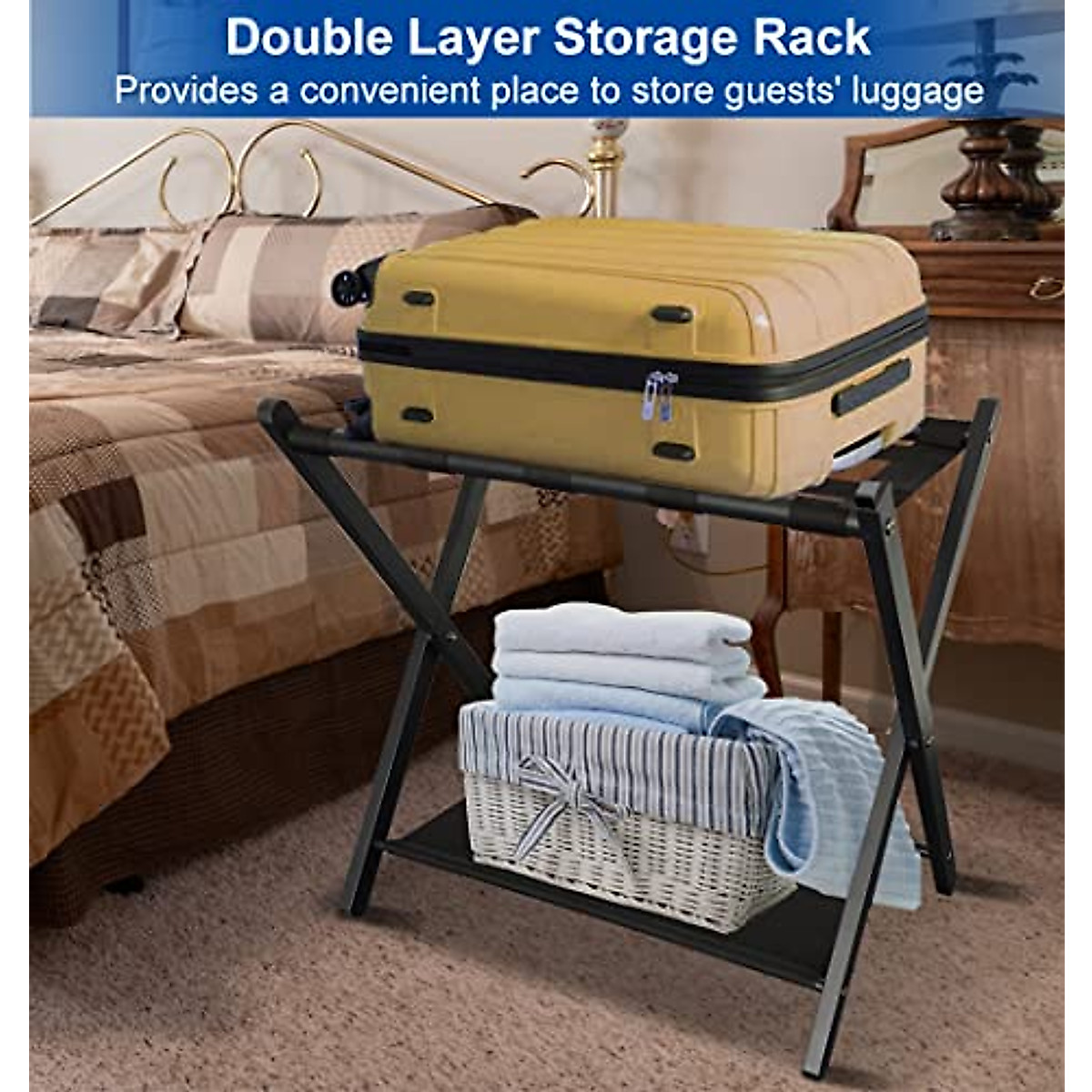 Queension Folding Luggage Rack Stand with Shelf for Guest Room, Foldable Metal Suitcase Storage Caddy Holder for Bedroom Hotel Essentials, Black, 1pack