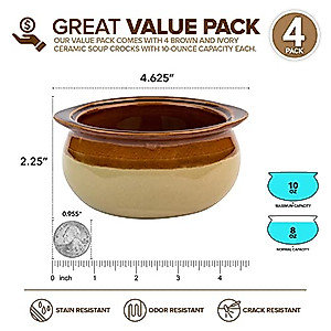 Stock Your Home Mini French Onion Soup Crocks (4 Count) - 10 Ounce Oven Safe French Onion Soup Bowls - Two-Toned Brown & Ivory Miniature Ceramic Porcelain Soup Bowls - Stoneware Crocks for Soup