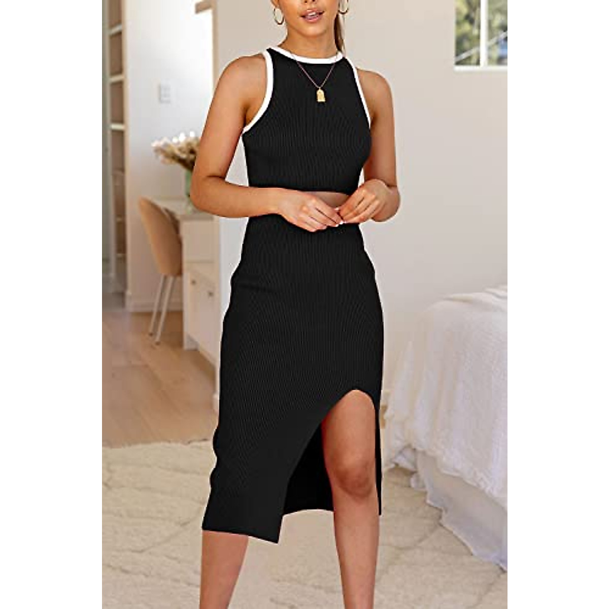 PRETTYGARDEN Women's Summer Midi Bodycon Dresses Casual Crew Neck Side Slit Sleeveless Knit Cut Out Tank Top Dress (Z-Black,Small)