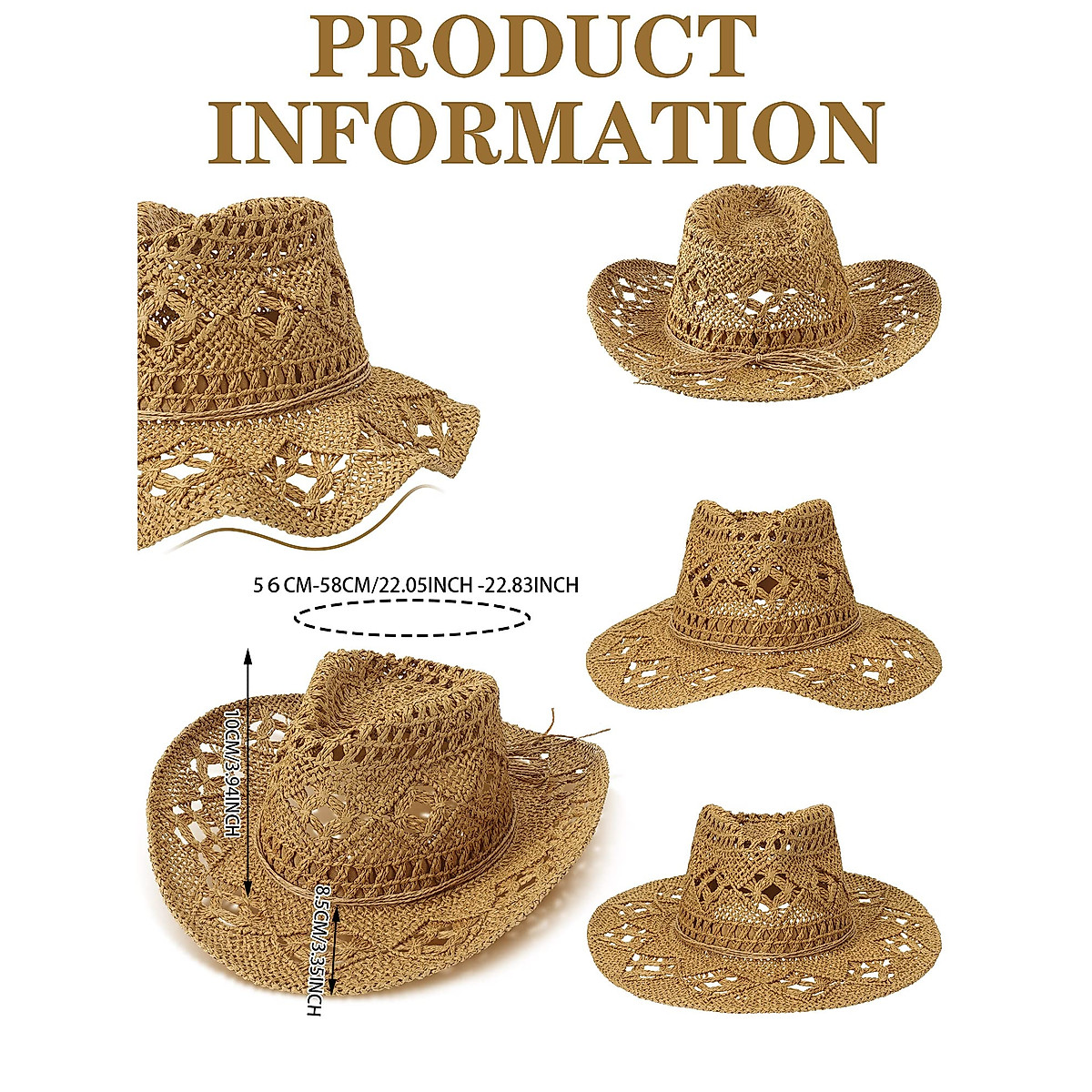 Didaey 2 Pcs Woven Straw Cowboy Hat for Women Wide Brim Cowgirl Hat Western Cowboy Hat Men Women Straw Hat for Hiking Fishing (Black, Khaki)