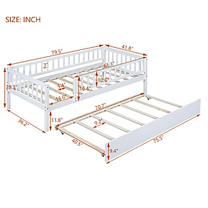Hlcodca Twin Size Bed Frame with Trundle and Fence Guardrails for Kids Teens Adults, Wood Slat Support, No Box Spring Needed, Easy Assembly (White, Twin)