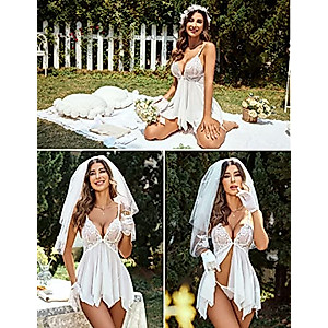 Avidlove Wedding Lingerie for Women Lace Babydoll Strap Chemise Sleepwear Honeymoon Nightwear White