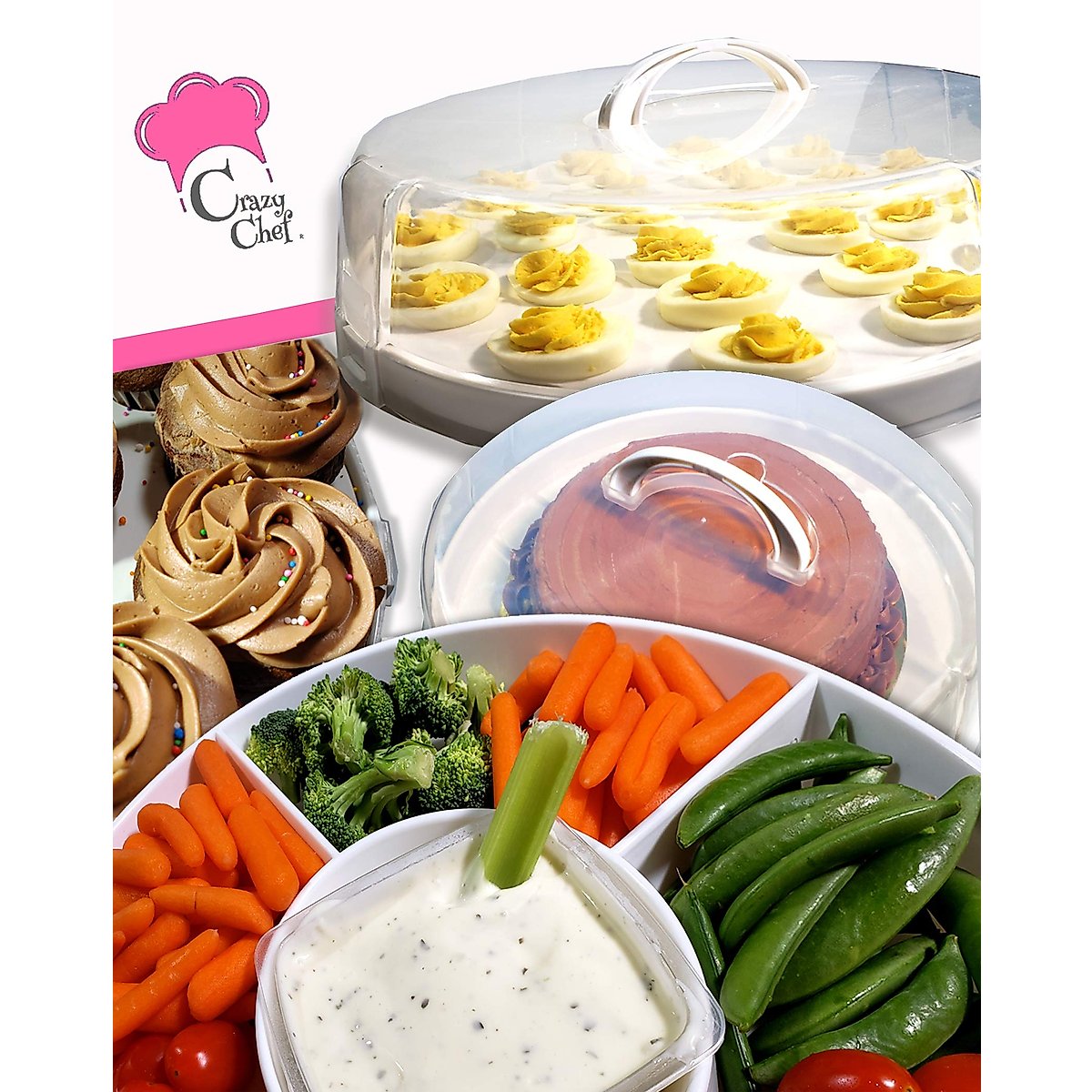 Crazy Chef Premium 6 in 1 Cupcake Carrier with Lid Collapsible Portable Cupcake, Deviled Egg, Pie, Chips and Dip and Cake Container - BPA Free
