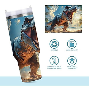 Slewiaeky Tumbler with Handle 40 oz Cool Beast Dinosaur T Rex Travel Mug with Lid and Straw Stainless Steel Vacuum Insulated Water Bottle Cup for Iced Tea Coffee Cold Beverages Cup Holder Friendly