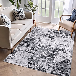 Zacoo Washable Rugs 9x12 Rug Abstract Blue Printed Rug Low Pile Large Area Rug Modern Rug Abstract Distressed Floor Mat Non Slip Area Rugs Living Room Bedroom, Grey