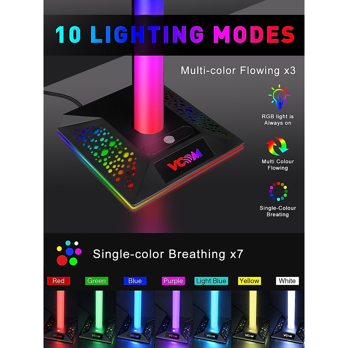 V VCOM RGB Gaming Headphones Stand with 2 USB Ports Headset Stand with 10 Light Modes and Non-Slip Rubber, Suitable for All Earphone Accessories, Best Gift for Husband, Kids, Boyfriend