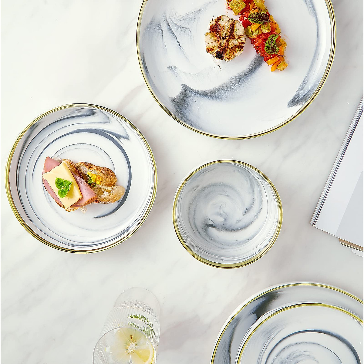 Pokini Dinnerware Sets, Marble Gold Line Plates and Bowls Sets Stoneware Dishes Set For 4, 12 Piece White Grey Marble Porcelain Round Dinner Dish Sets