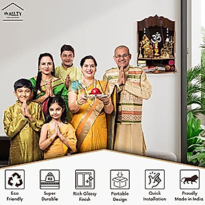 WALLZY Pooja Wooden Mandir for Home Wall Mounted | Wood Puja Home Temple with Double Shelf for Storage and God Idols Decoration for Living Room, Bedroom and Office