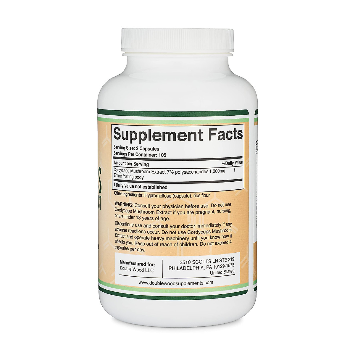 Cordyceps Capsules (Cordyceps Sinensis Mushroom Extract) 210 Count, 3.5 Month Supply, 1,000MG (7% Polysaccharides with Alpha and Beta Glucans) Overall and Aging Support by Double Wood