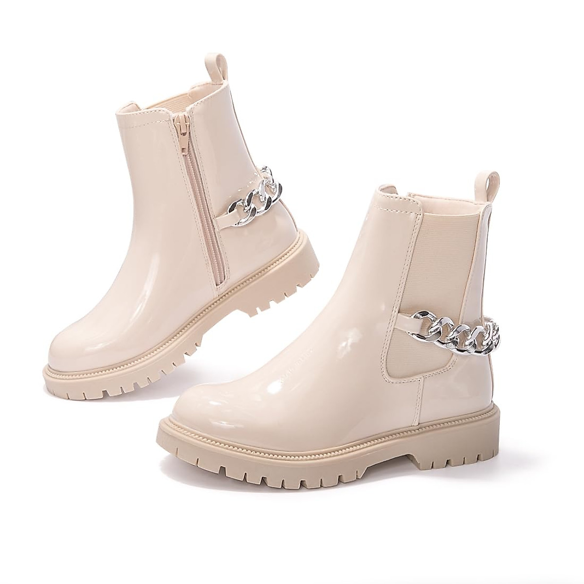 FUNKYMONKEY Boots for Girls Black White Nude Faux Leather Fashion Ankle Boots With Side Zipper for Little Kid/Big Kid (5 Big Kid, Nude)