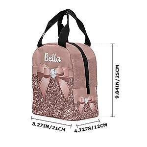 XOZOTY Personalized Rose Gold Diamond Bow Print Lunch Bags with Name Portable Reusable Insulated Lunch Box for School Work Office