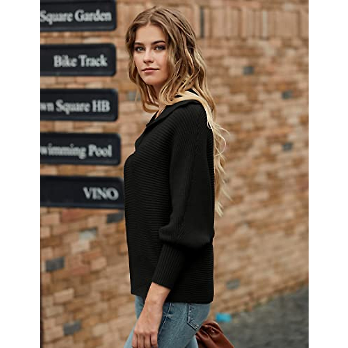 MEROKEETY Women's Batwing Long Sleeve V Neck Pullover Sweaters Foldover Collared Casual Knit Jumper Tops Black