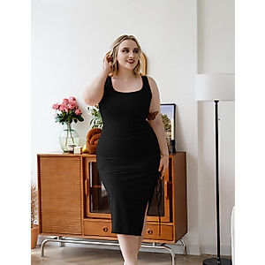 GOKATOSAU Women's Summer Sexy Sleeveless Side Split Bodycon Ruched Midi Tank Dress Black