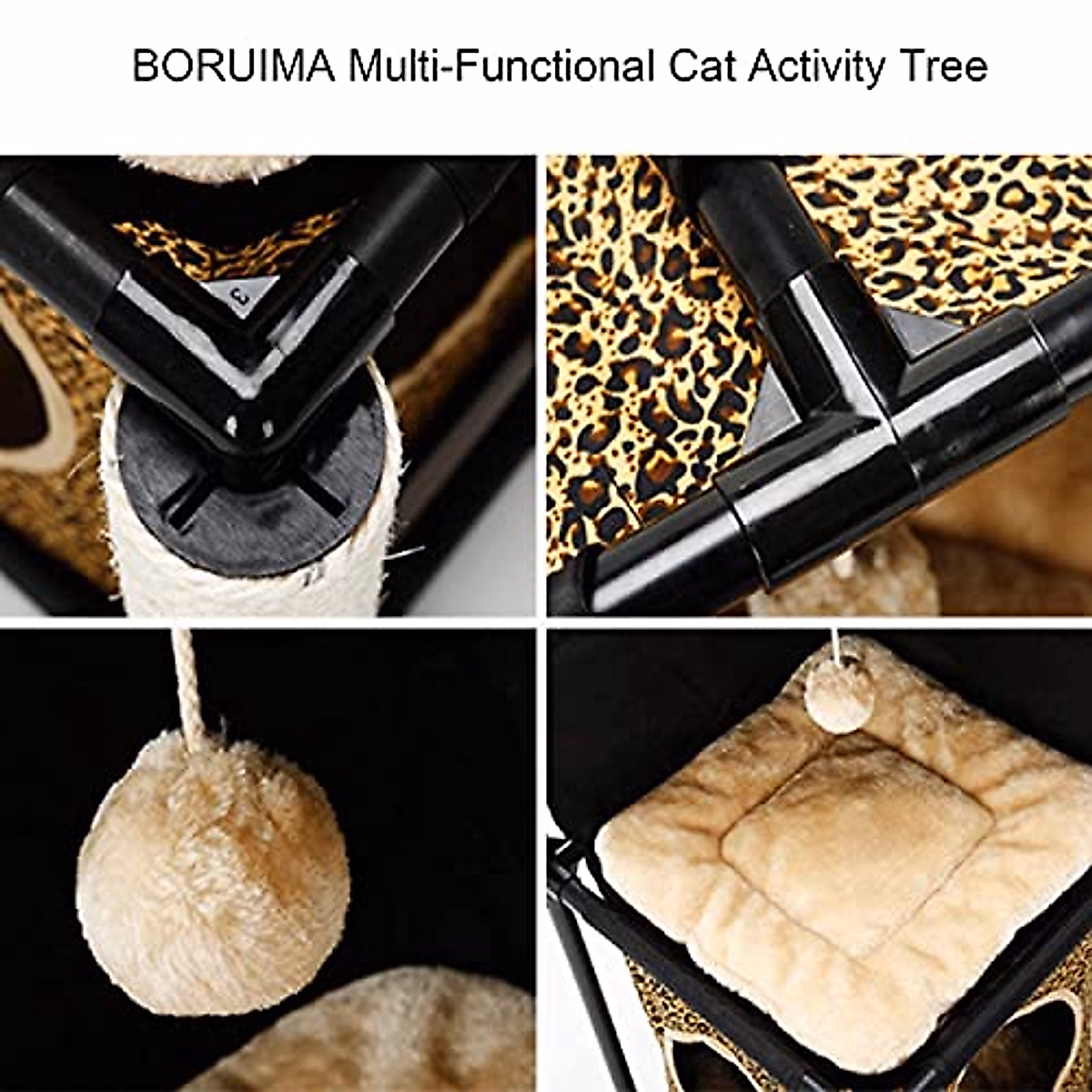 BORUIMA Cat Houses for Indoor Cats Tower House Combined with Cat Bed Cube, Peek Holes, Scratching Post & Dangling Toy