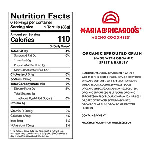 Maria & Ricardo's Organic Sprouted Tortillas. (3 Pack) USDA Certified Organic, Non GMO PV, Vegan, Kosher. 6 Tortillas per Pack