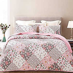 Whale Flotilla 3-Piece Printed Queen Size Quilt Bedding Set with 2 Pillow Shams Lightweight Reversible Bedspreads Coverlet Set for All Season, Pink