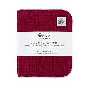 Parker Baby Muslin Burp Cloths | 100% Cotton Burping Clothes, Newborn Essential | Must-Have Baby Registry, Modern and Trendy Colors | 20"x11" Large Baby Burp Cloths, 4-Pack Rose