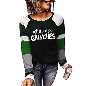 What Up Grinches Christmas Sweatshirt for Women Color Block Christmas Print Long Sleeve Top T-Shirt (Green, X-Large)