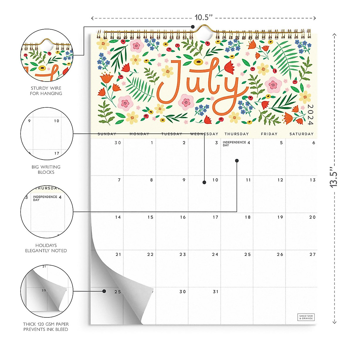 S&O Five Color Floral 2024 Wall Calendar Runs from Now to December 2024 - Tear-Off Monthly Calendar - Academic Wall Calendar - Hanging Calendar to Track Anniversaries & Appointments - 13.5"x10.5”in