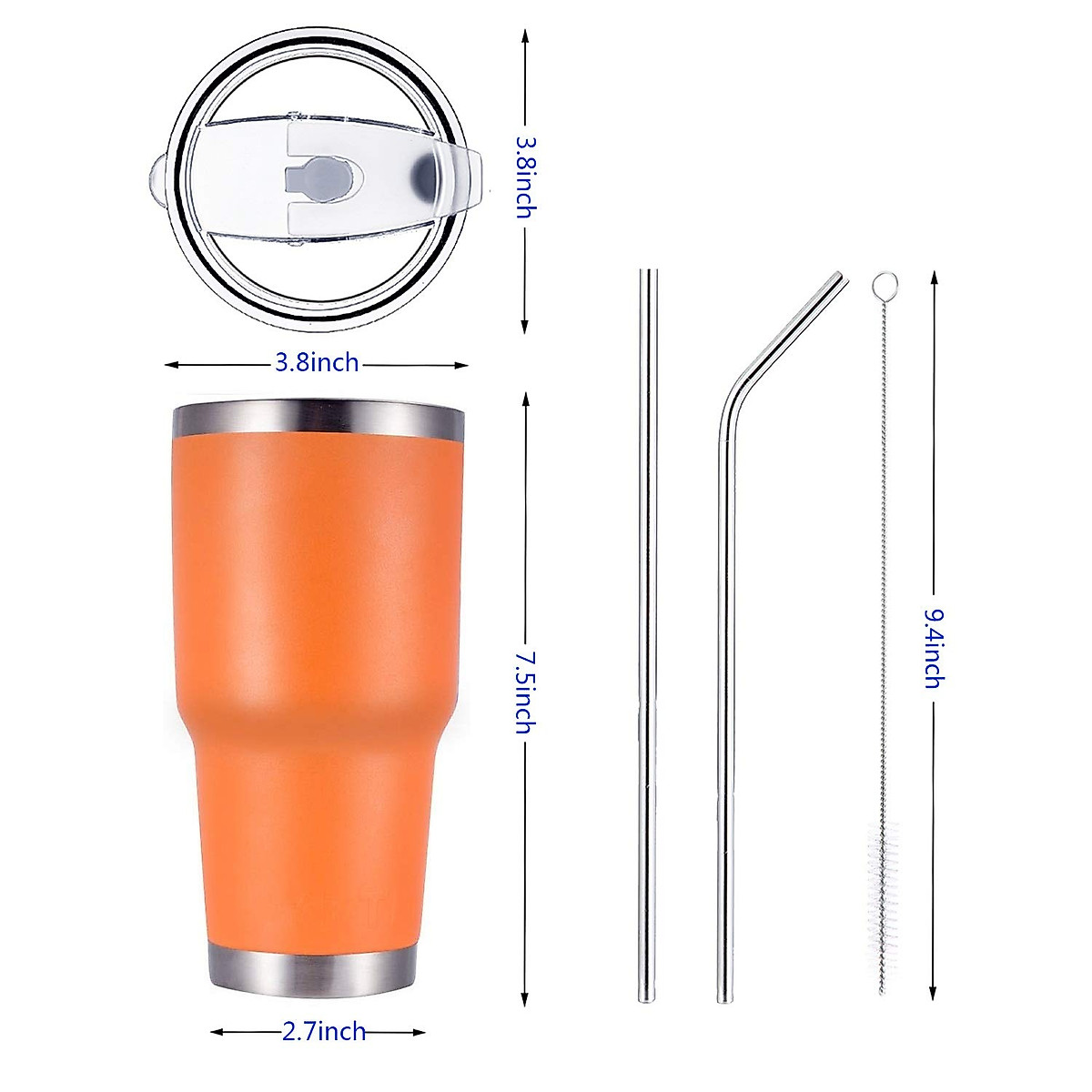 DYNAMIC SE 30oz Tumbler Double Wall Stainless Steel Vacuum Insulated Travel Mug with Splash-Proof Lid Metal Straw and Brush (Orange)