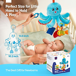 hahaland Baby Toys 0-6 Months - Octopus Toy with Pulling Cords, Squeaky, Crinkle, Rattle, Mirror - Baby Toys 3-6 Months Developmental Newborn Infant Toys - Baby Gifts