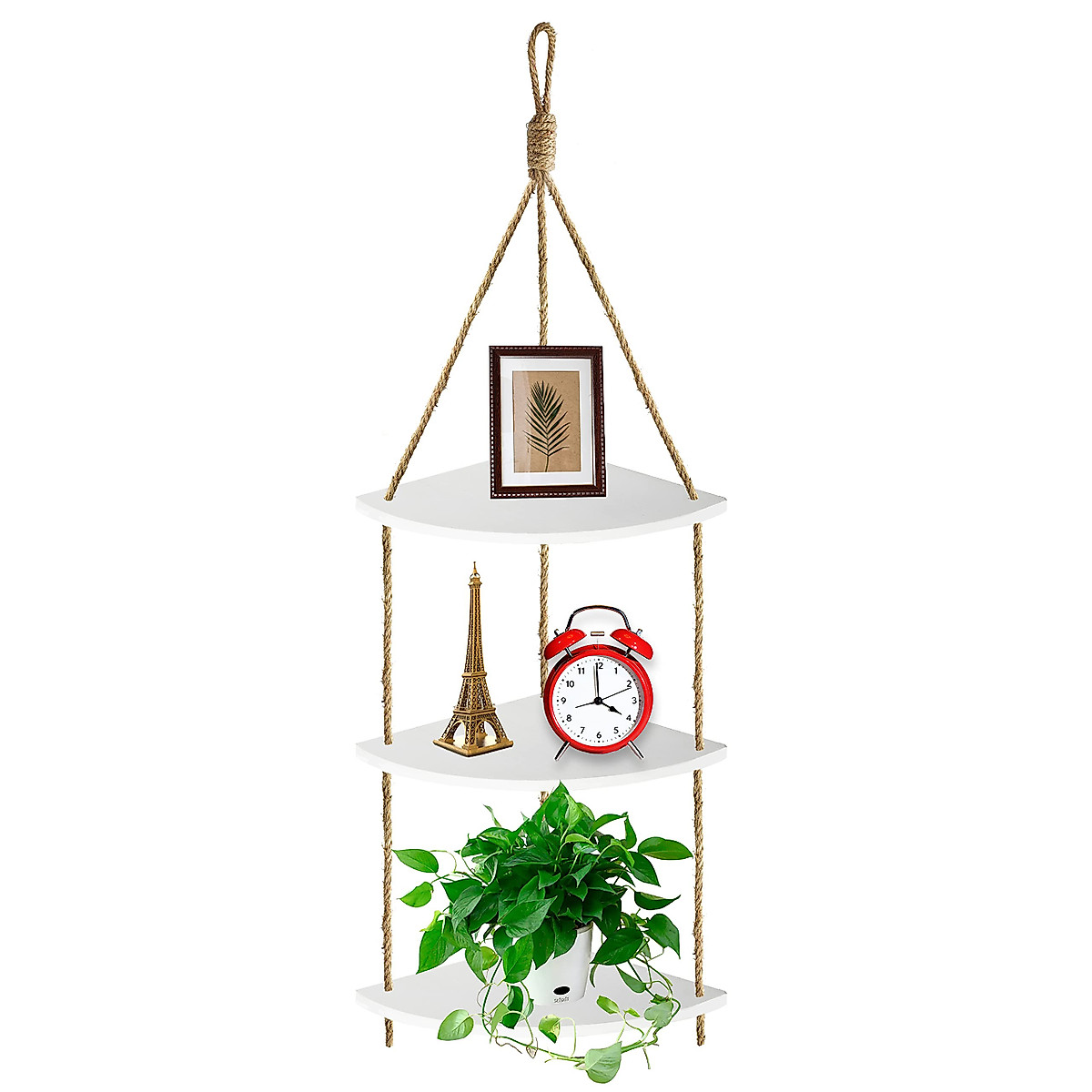Tirzah 3-Tier Hanging Wall Corner Shelf with Rope, 9 inches White Real Wood Circular Sector Floating Shelf for Home Decor, Kitchen Organizer