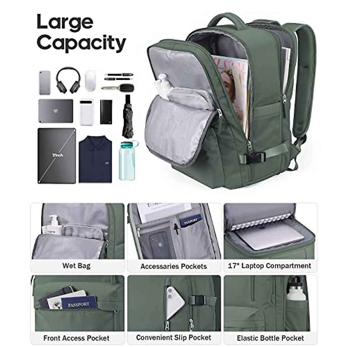 Bagsure Large Travel Backpack for Women Men, 45L Expandable Carry On Backpack, 17 Inch Laptop Backpack Waterproof College Business, Flight Approved